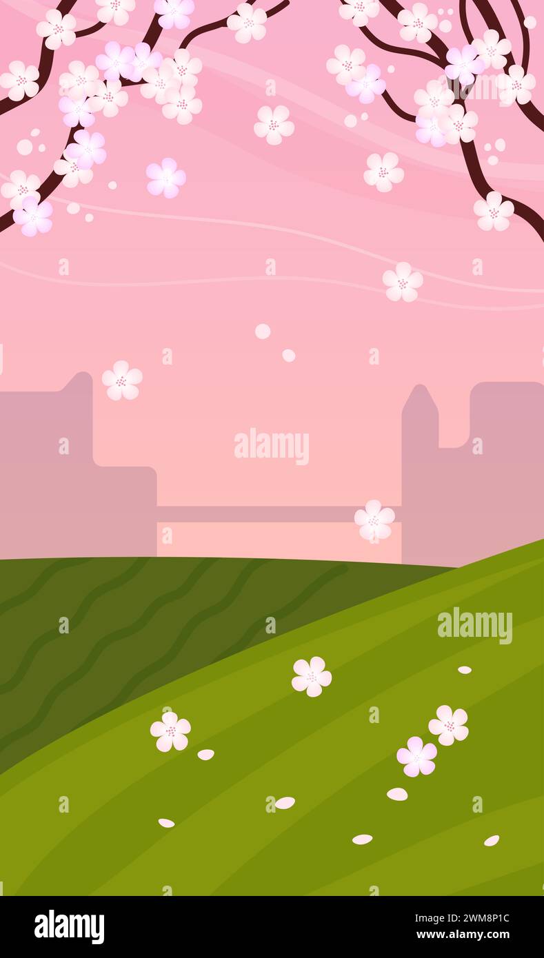 Spring vertical background, sakura blooming landscape on field ...