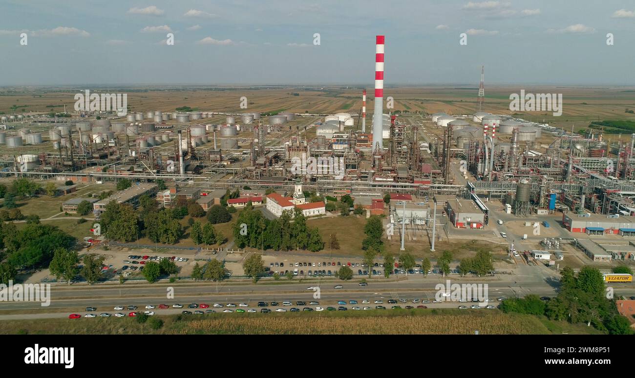 Oil refinery, drone shot. Chimney smoke stack Stock Photo - Alamy