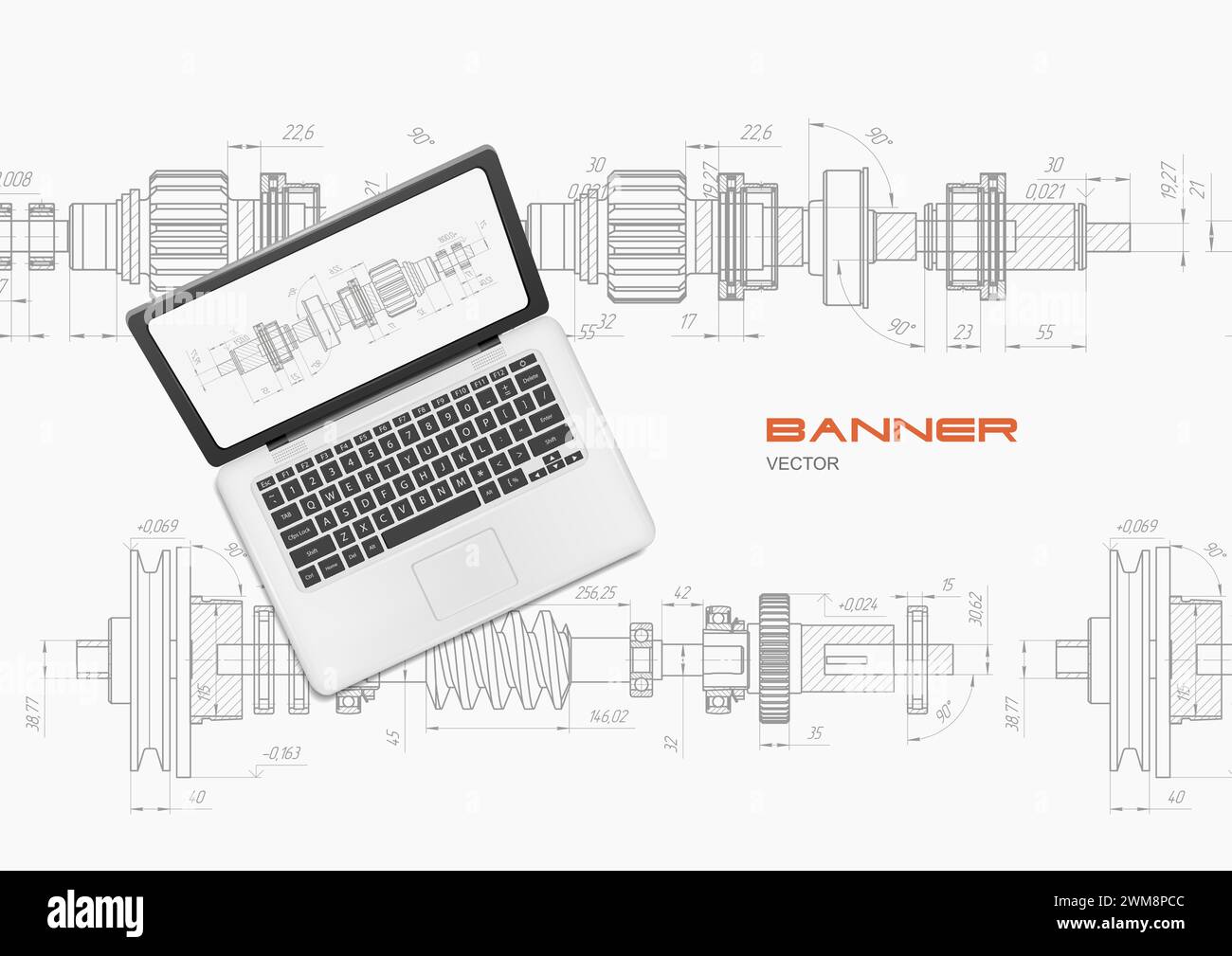 Technology banner with laptop .Technical drawing background.Mechanical ...