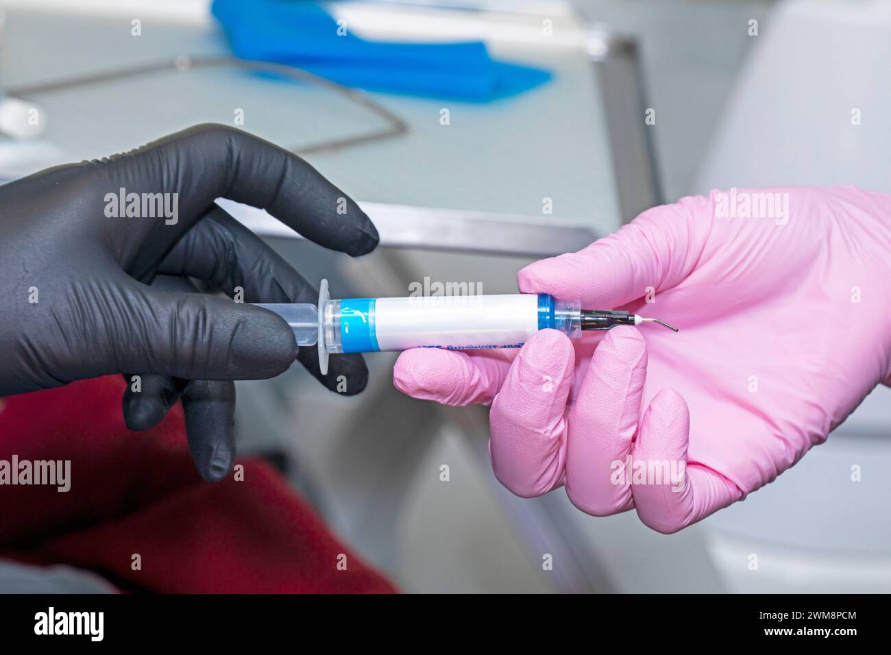dentist takes a syringe with anesthesia from the assistant’s hands to ...