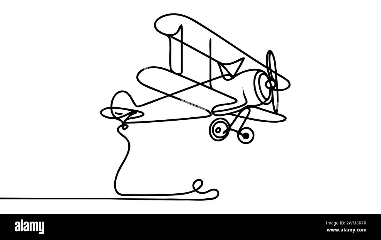 Small plane flying in the sky in one continuous line art drawing style ...