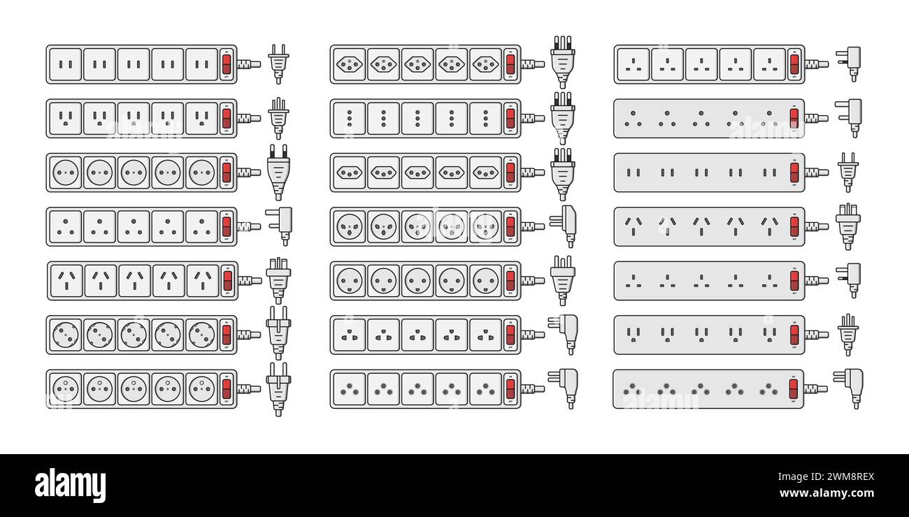 power outlet plug extension strip world standards set vector flat ...