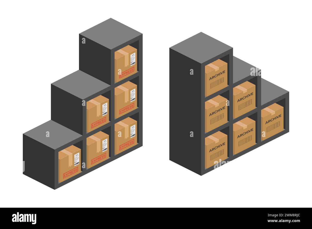 storage shelf bookcase with parcel boxes isometric vector flat ...