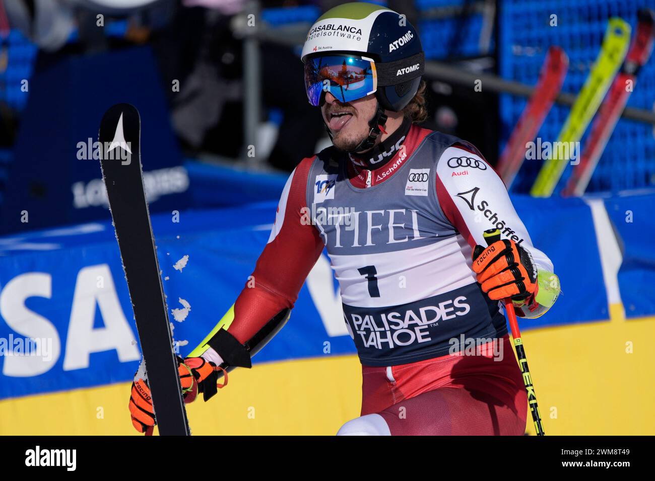 Austria's Manuel Feller reacts after his run during a men's World Cup ...