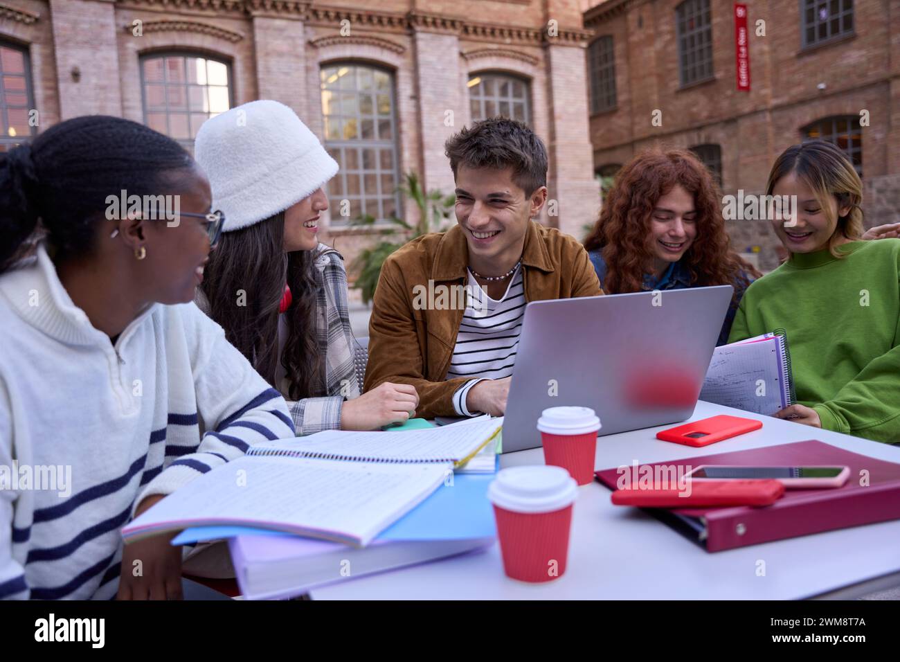 Group of students, high school pupils gather in college cafeteria ...