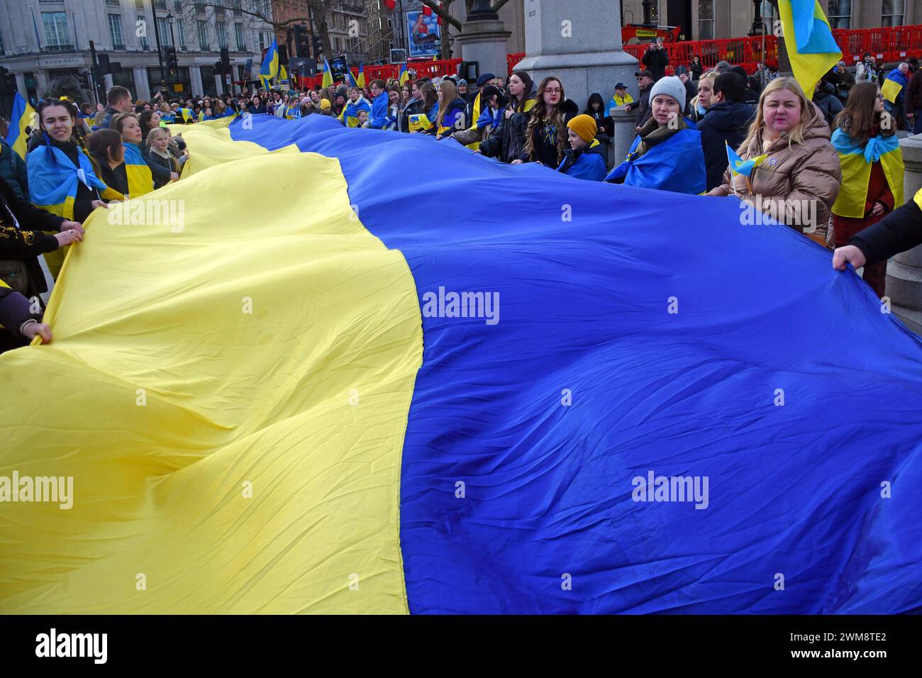 London, UK. 24th Feb, 2024. Ukrainians rally in Trafalgar Square on the ...
