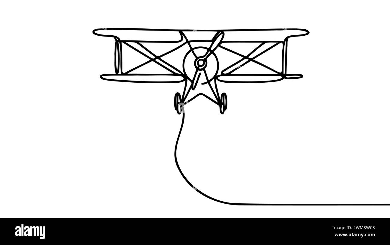 Small plane flying in the sky in one continuous line art drawing style ...