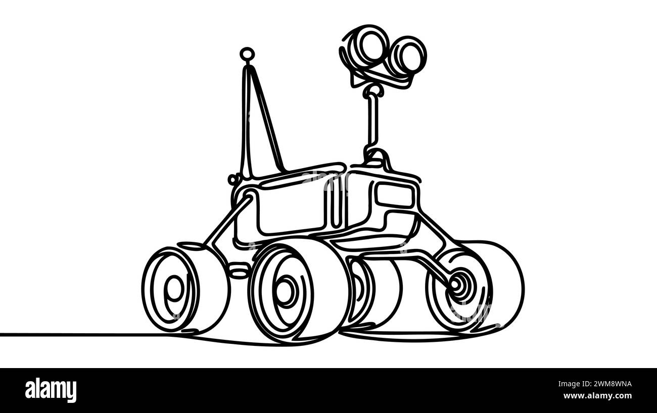 Continuous one line drawing of a conceptual lunar rover, black on white ...