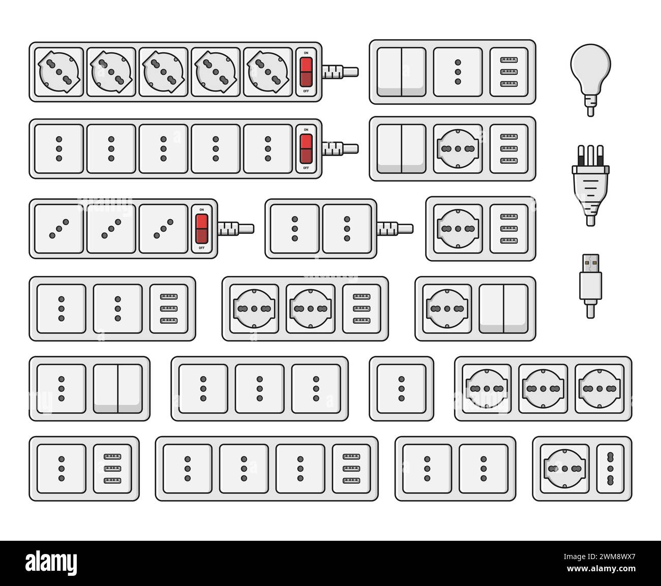 power outlet plug extension strip switch italian type l set vector flat ...