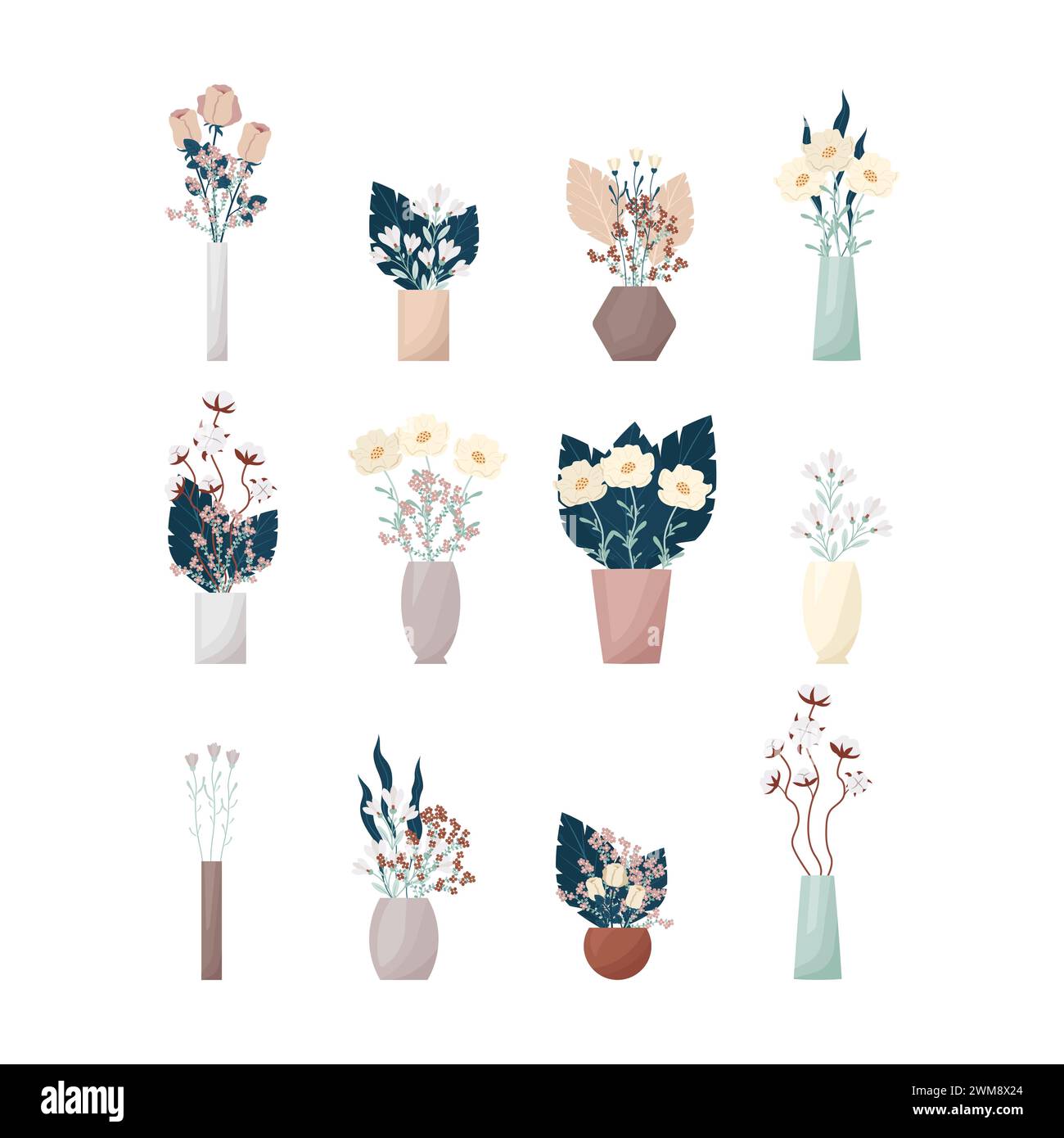 A large set of flowers in boho style vases. Composition of flowers vector illustration. Bouquets ...