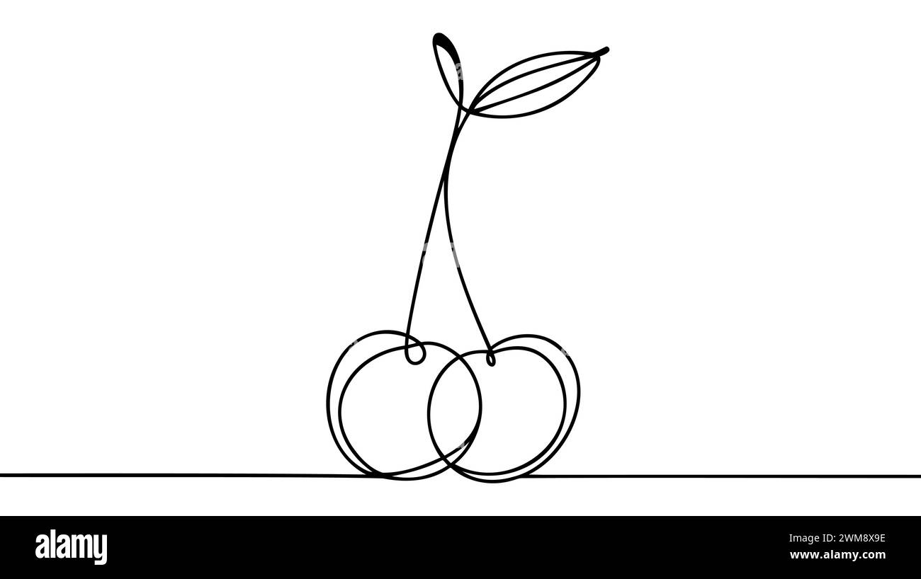 Cherry fruit in continuous one line art drawing style. Minimalist black ...