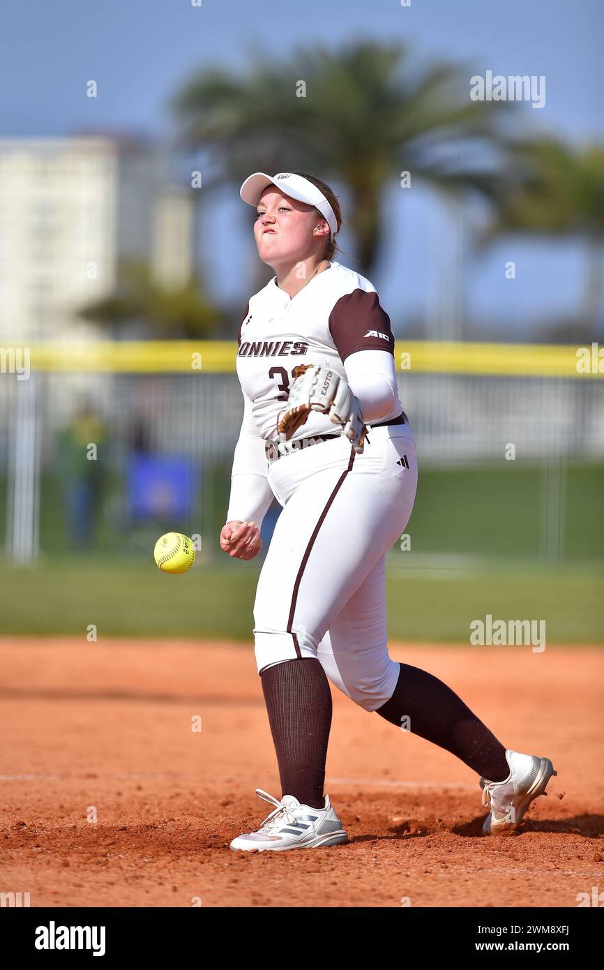 St. Bonaventure University's Kylie Bickert (33) fires at batters during ...