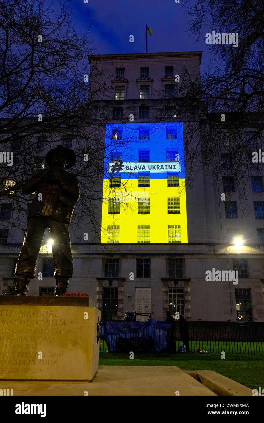 London, UK, 24th February, 2024. The blue and gold colours of the ...