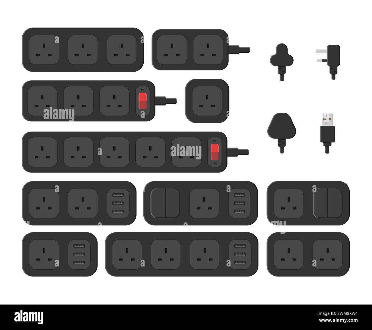power outlet plug extension strip switch british type g set vector flat ...