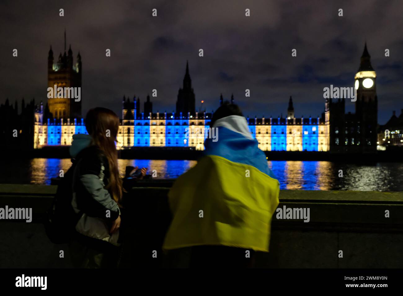 London, UK, 24th February, 2024. The Houses of Parliament light up in ...