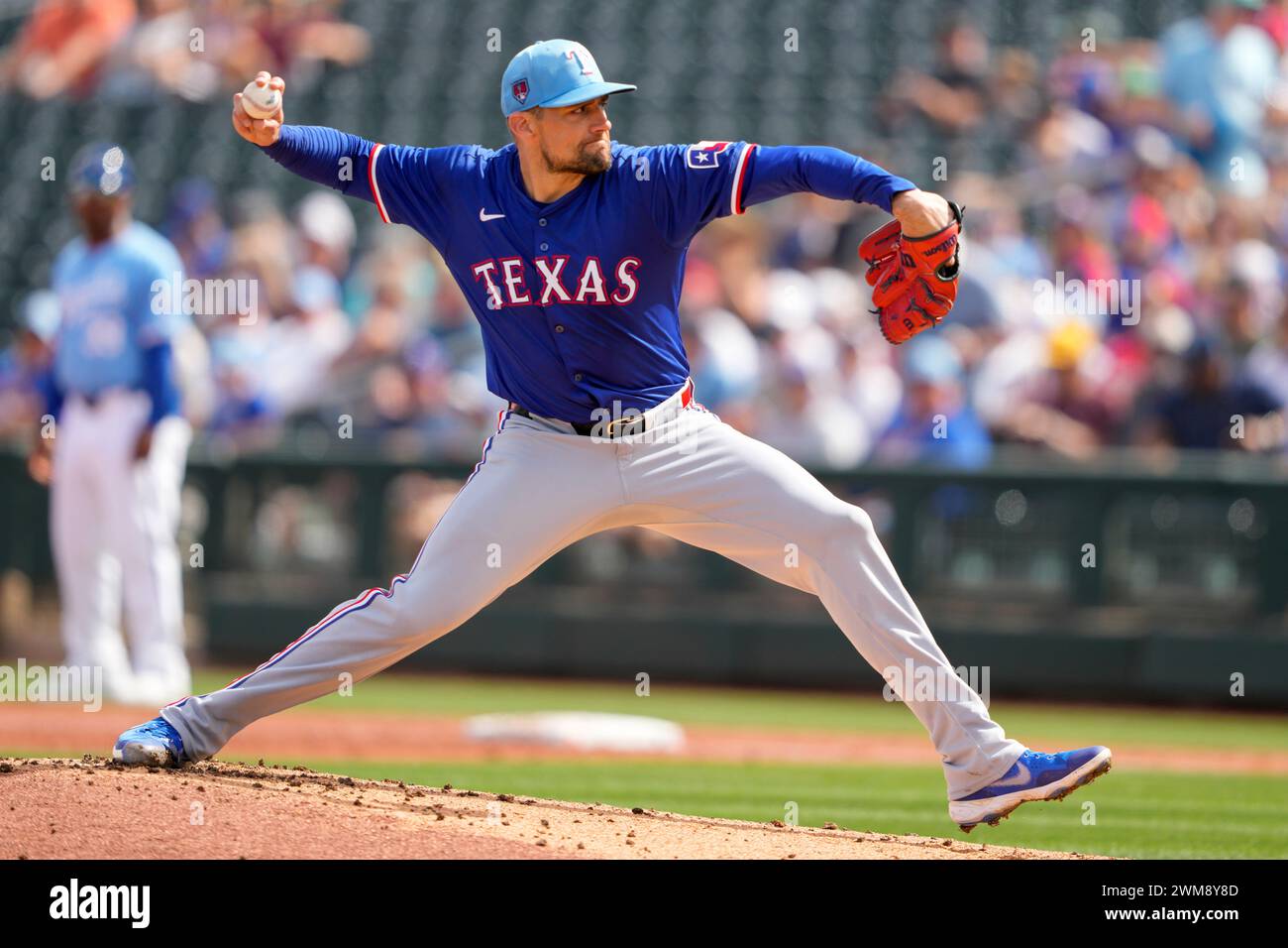 Texas Rangers starting pitcher Nathan Eovaldi throws against the Kansas ...