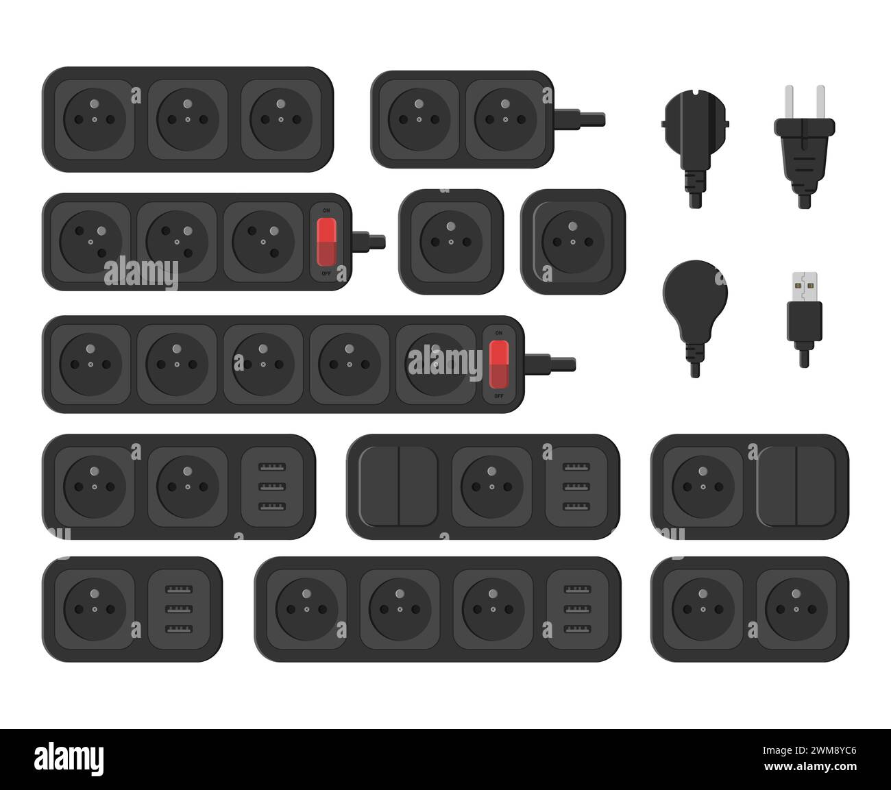 power outlet plug extension strip switch french type e set vector flat ...