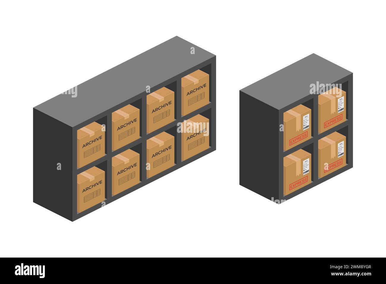 storage shelf bookcase with parcel boxes isometric vector flat ...