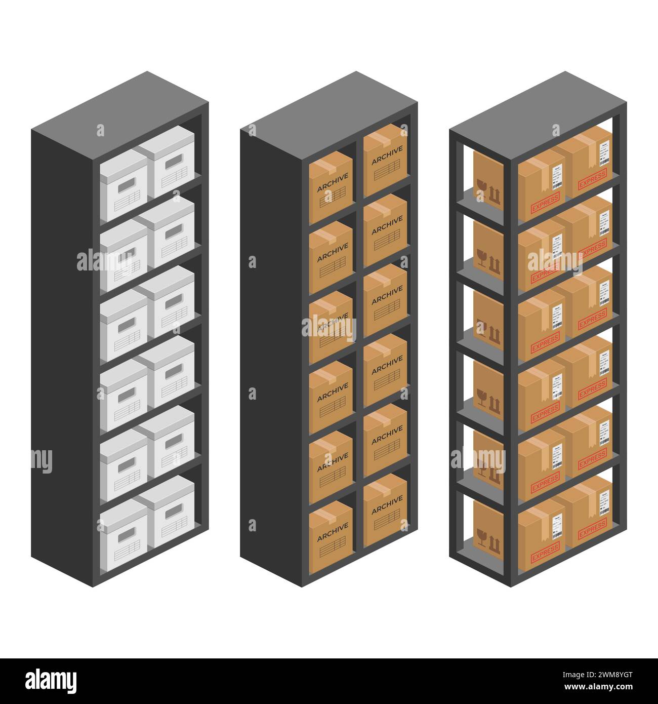 storage shelf bookcase with parcel boxes isometric vector flat ...