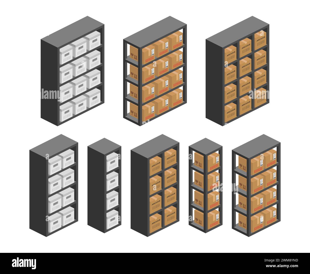 storage shelf bookcase with parcel boxes isometric vector flat ...