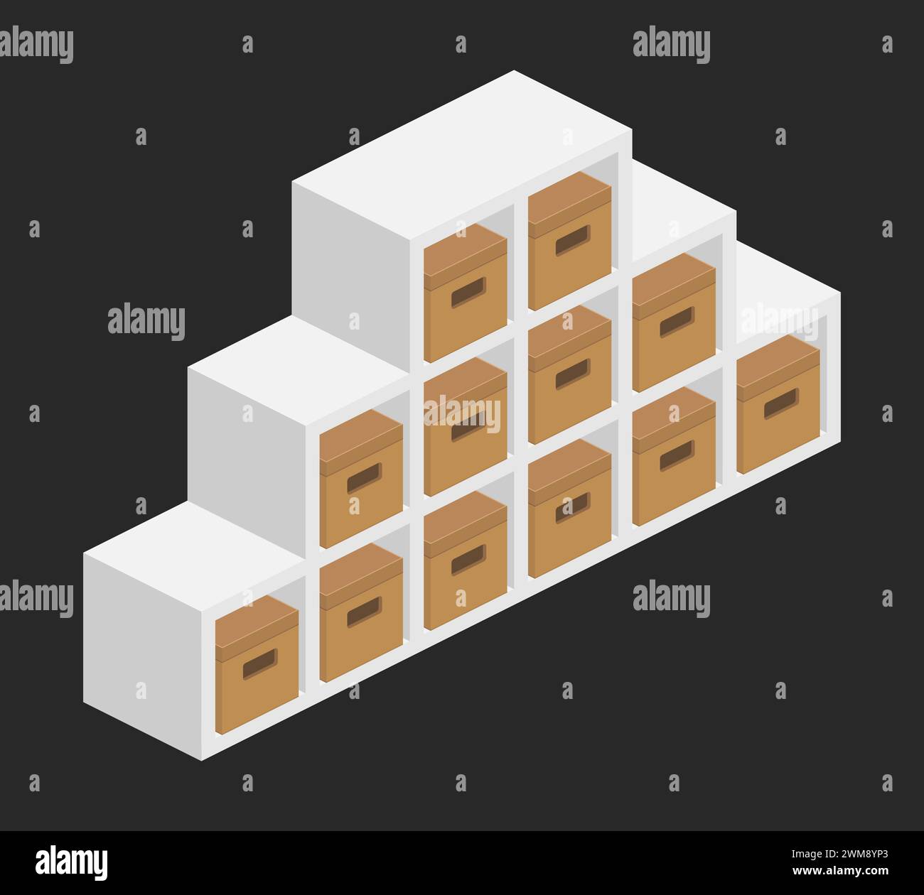 storage shelf bookcase with parcel boxes isometric vector flat ...