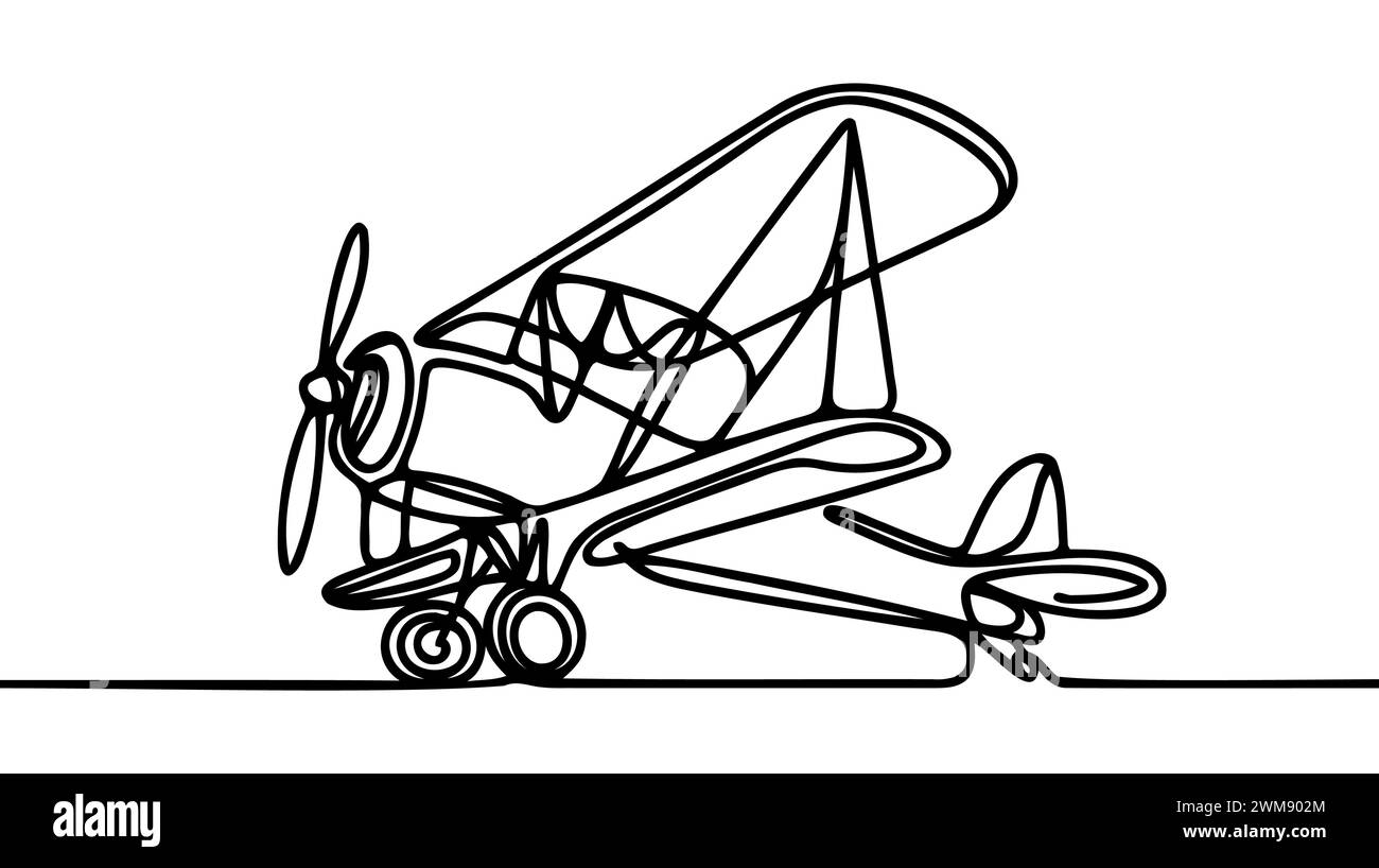 Small plane flying in the sky in one continuous line art drawing style ...