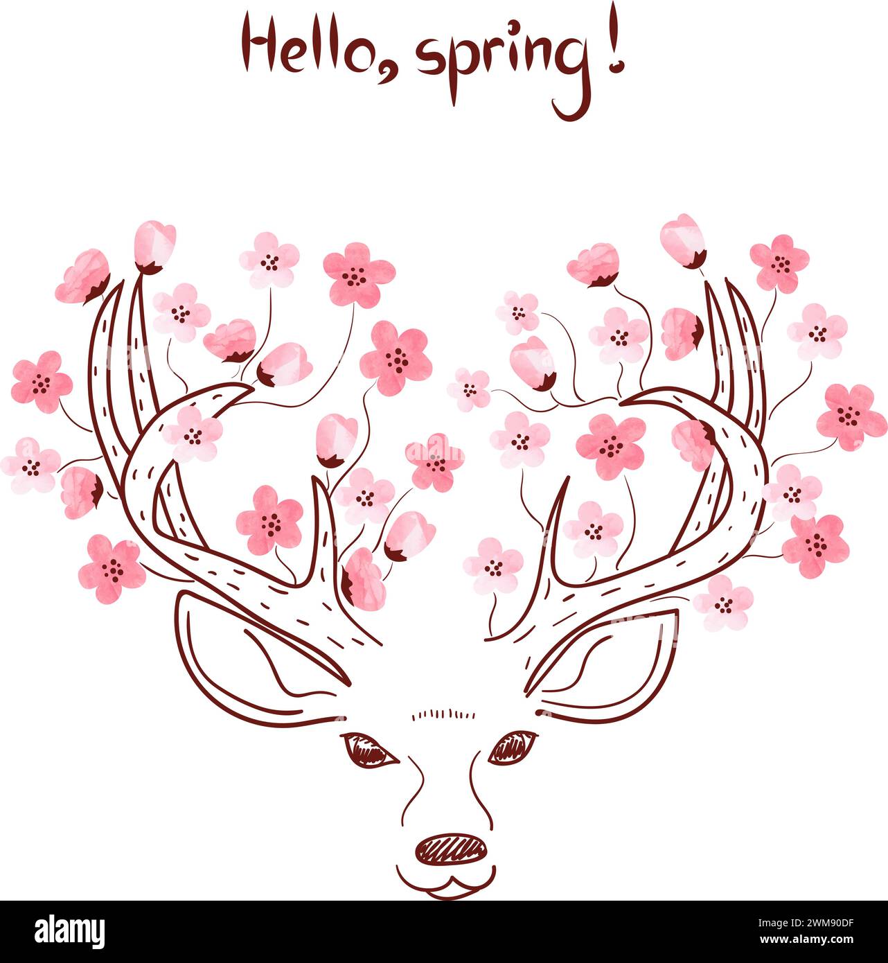 Hello spring vector illustration. Sketchy deer with blooming pink ...