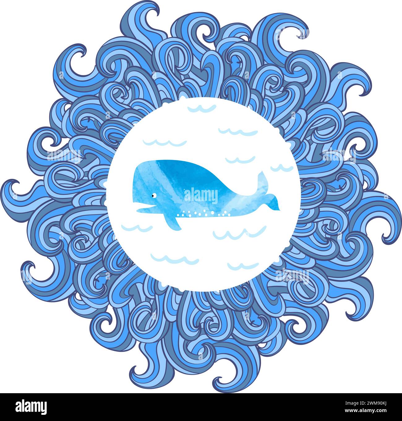 Watercolor cute whale in round wave frame. Vector illustration Stock ...