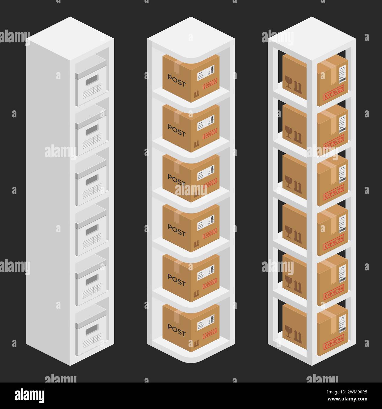 storage shelf bookcase with parcel boxes isometric vector flat ...
