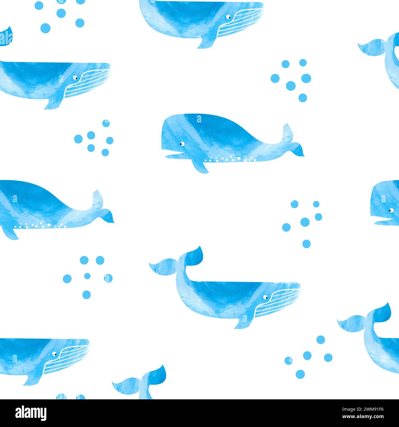 Cute watercolor whales seamless pattern. Vector repeating background ...