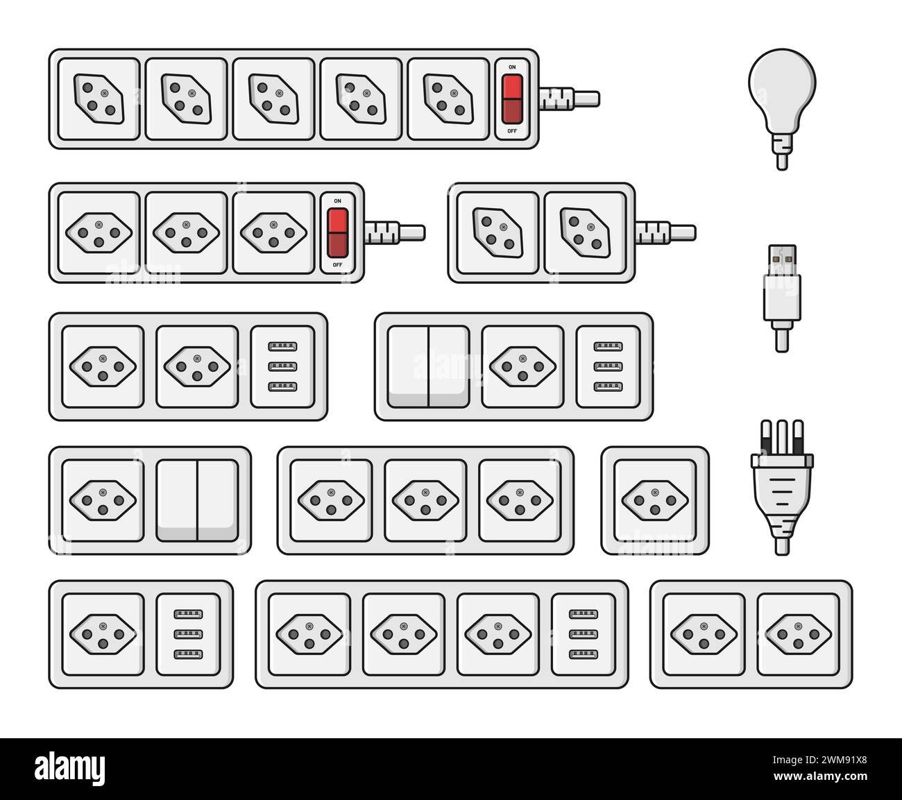 power outlet plug extension strip switch swiss type j set vector flat illustration Stock Vector ...