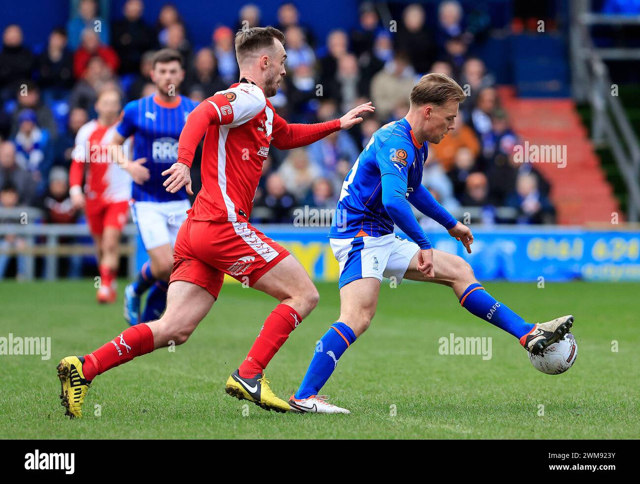 Oldham on Saturday 24th February 2024. Tom Conlon of Oldham Athletic Association Football Club ...