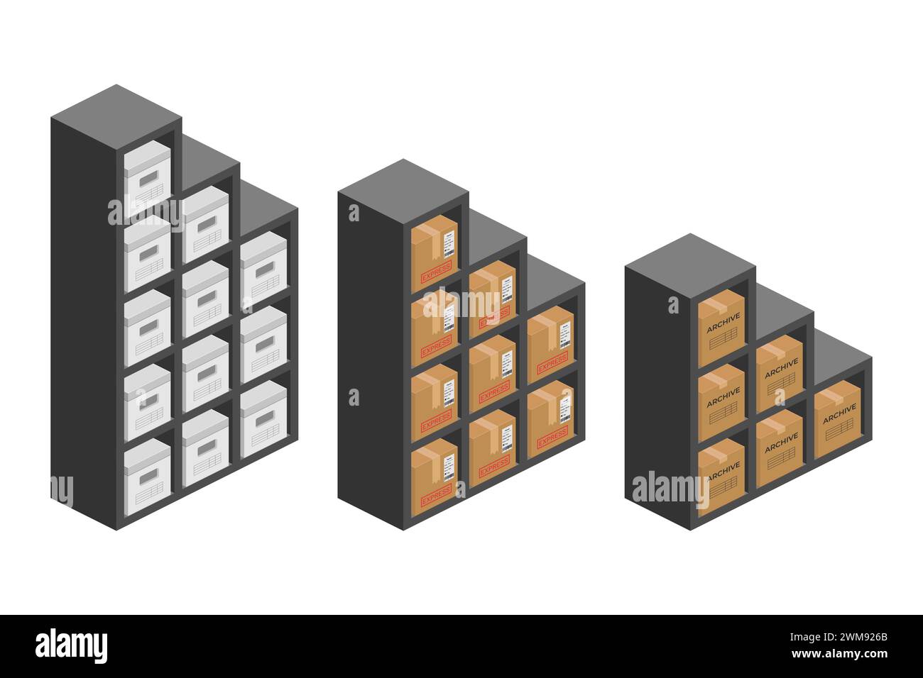 storage shelf bookcase with parcel boxes isometric vector flat ...