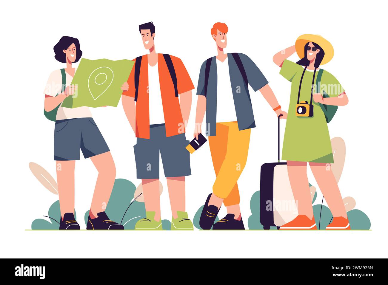 A group of happy friends tourists travelers. Vector illiustration Stock ...