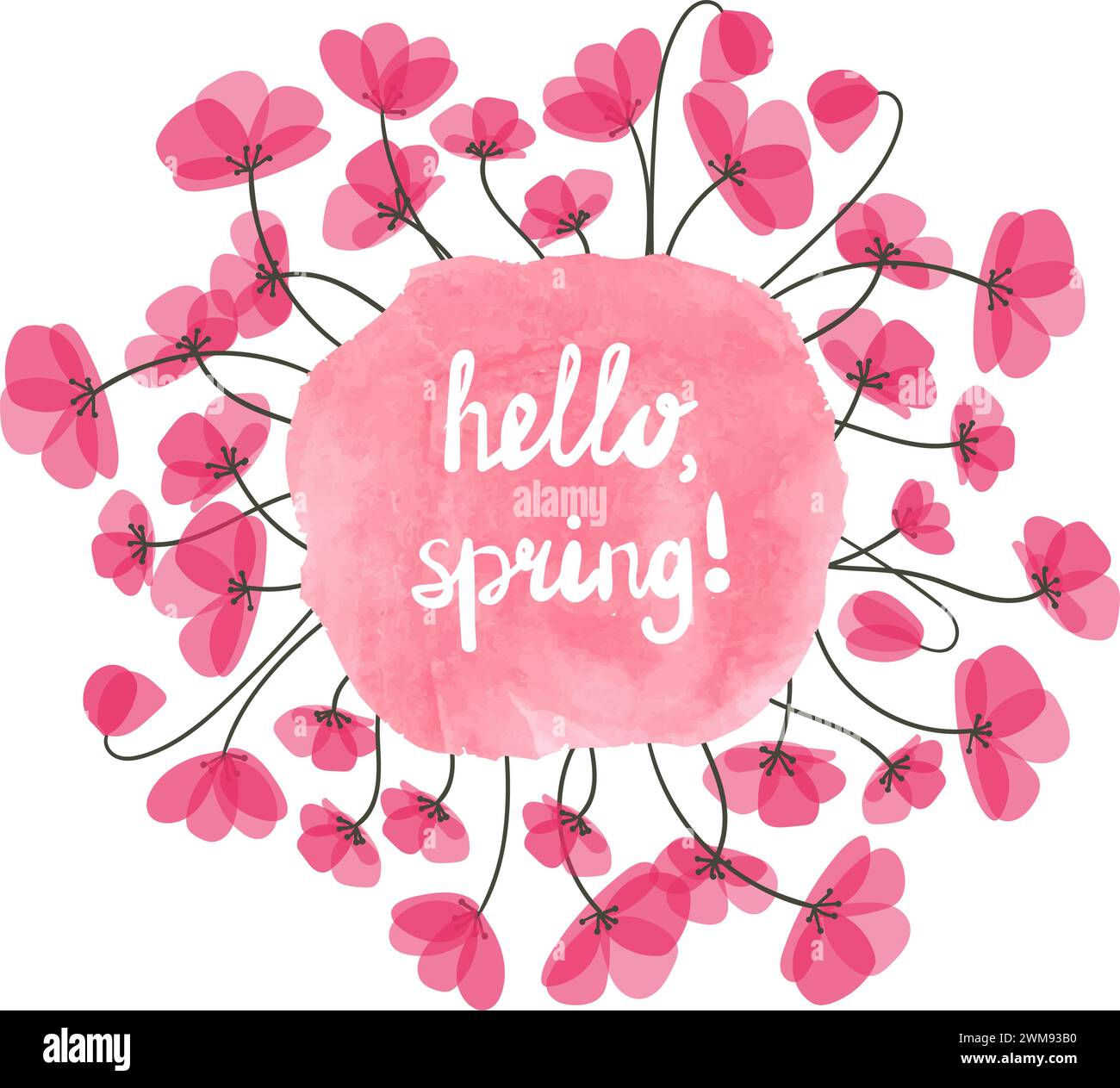 Hello spring vector illustration. Watercolor pink splash and delicate ...