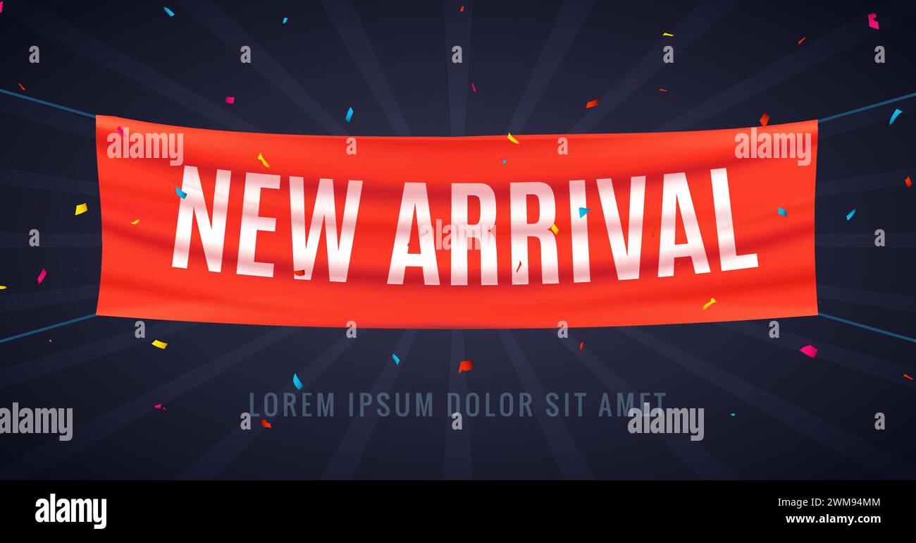 New arrival sale banner location promotion. Graphic template red flag ...
