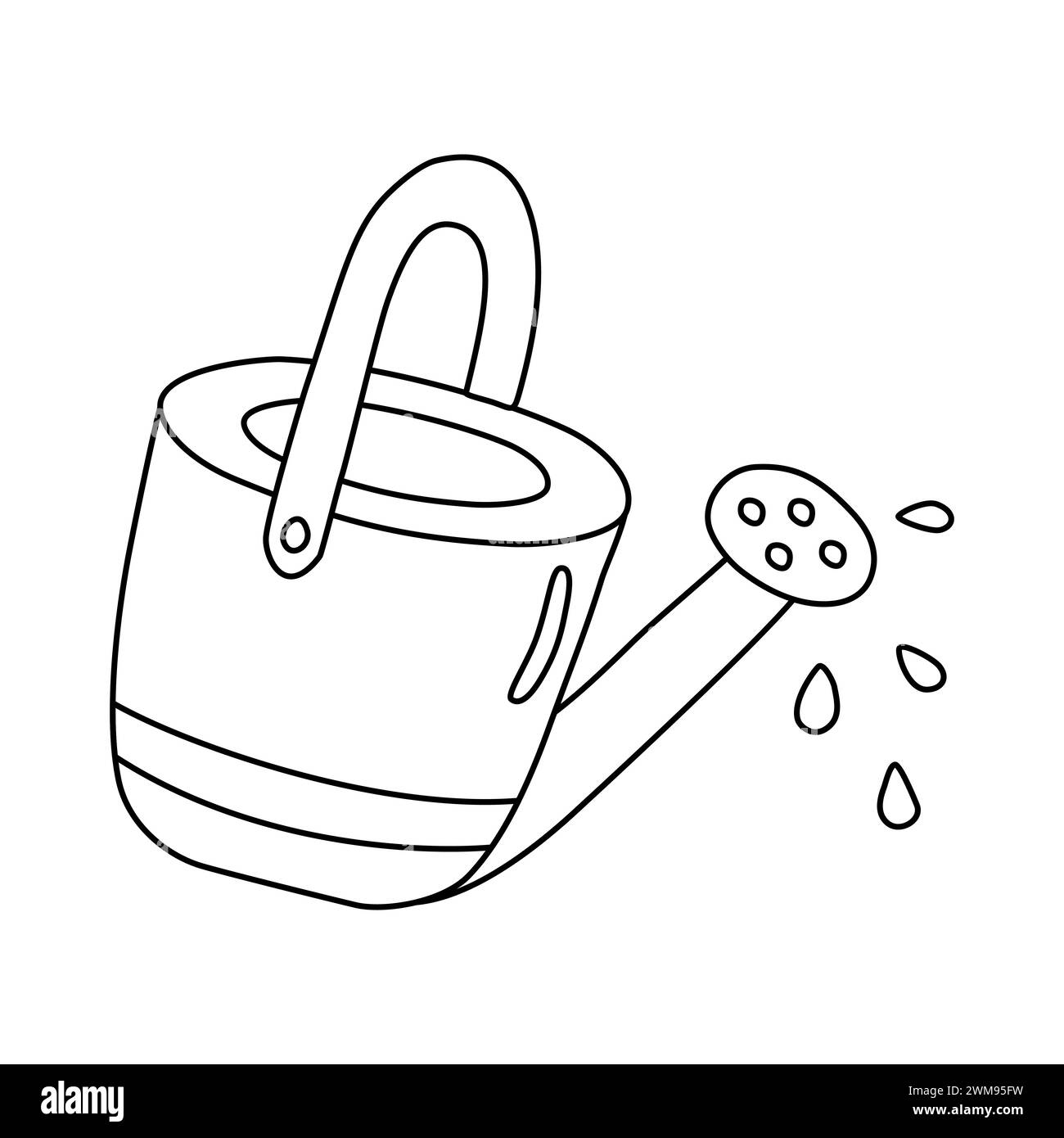 Watering can with water drops, spring garden design element, doodle ...