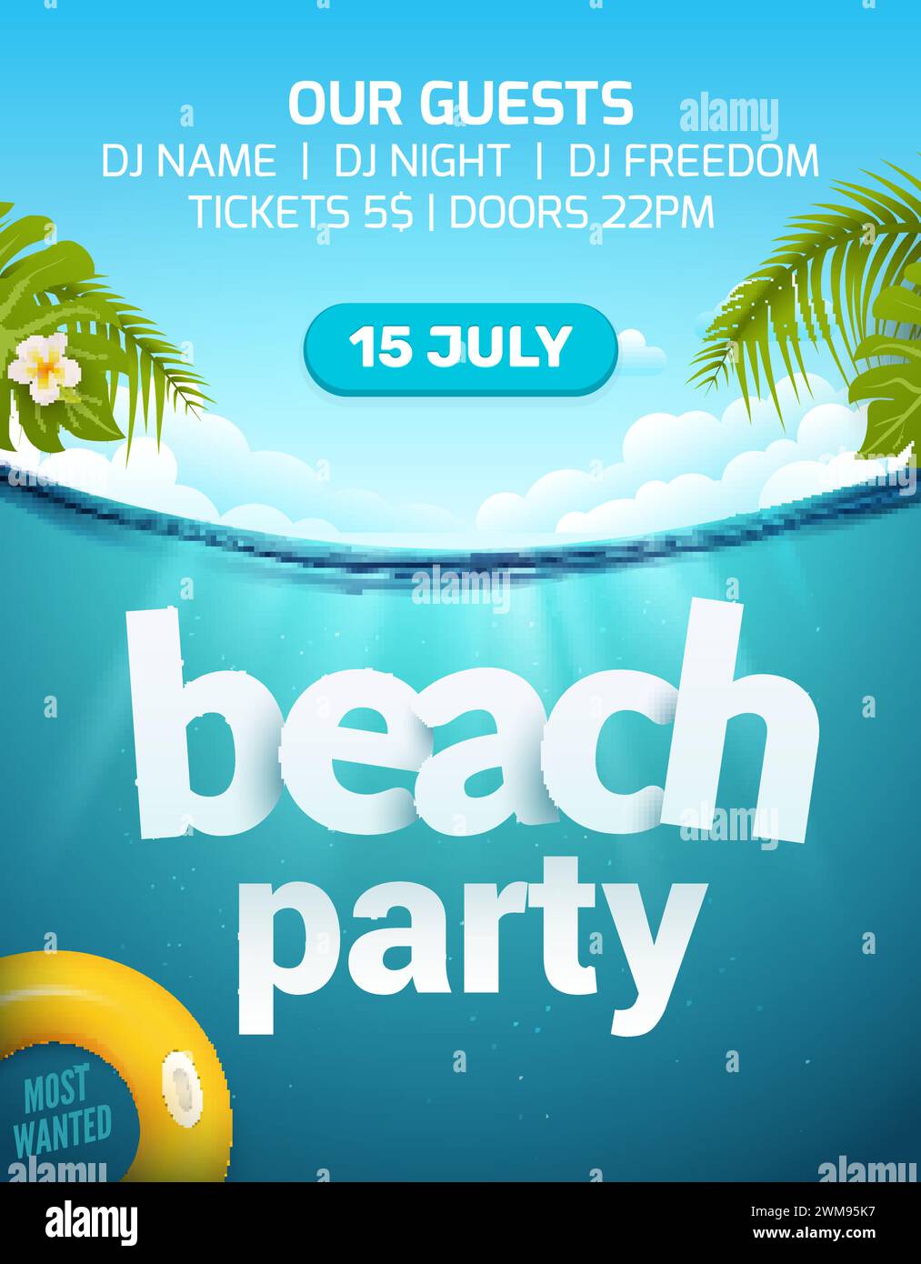 Pool beach summer party invitation banner flyer design. Water and palm ...