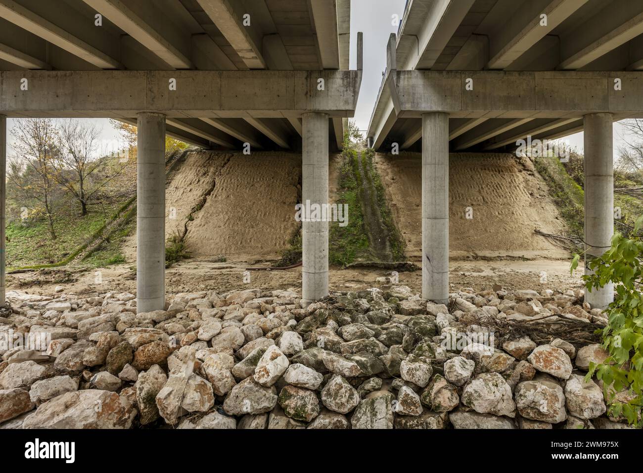 Under a road bridge with two independent carriageways with circular ...
