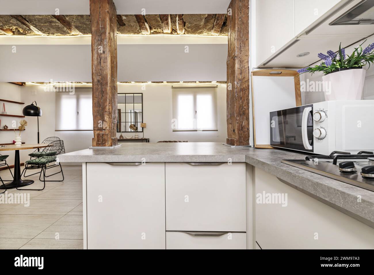 A kitchen in an apartment with contemporary industrial style decoration ...
