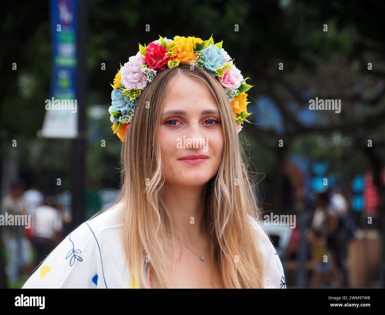 Lima, Peru. 24th Feb, 2024. Ukrainian woman with a flower headdress ...
