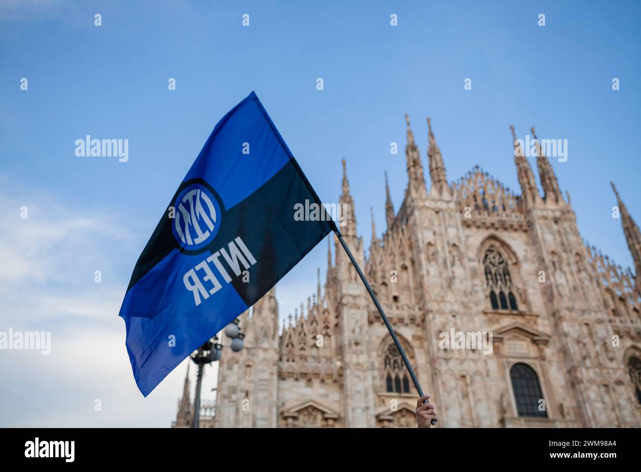 Milan, Italy 2023: Fans in support of F.C. International. Inter flag ...