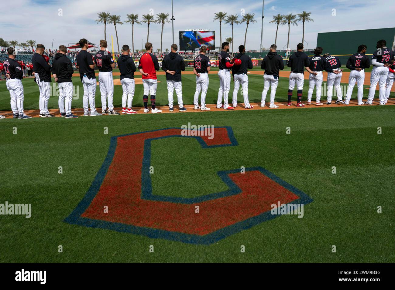 The Cleveland Guardians stand on the field for the national anthem ...