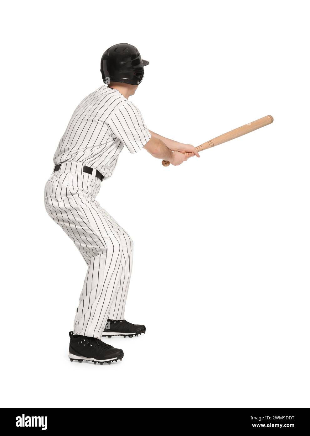 Baseball player taking swing with bat on white background, back view ...