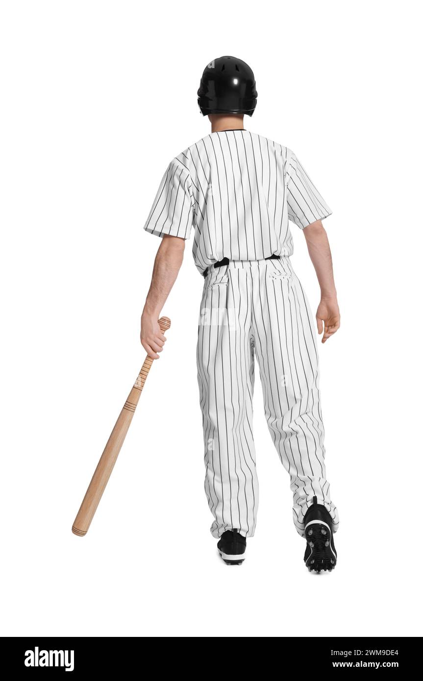 Baseball player with bat on white background, back view Stock Photo - Alamy