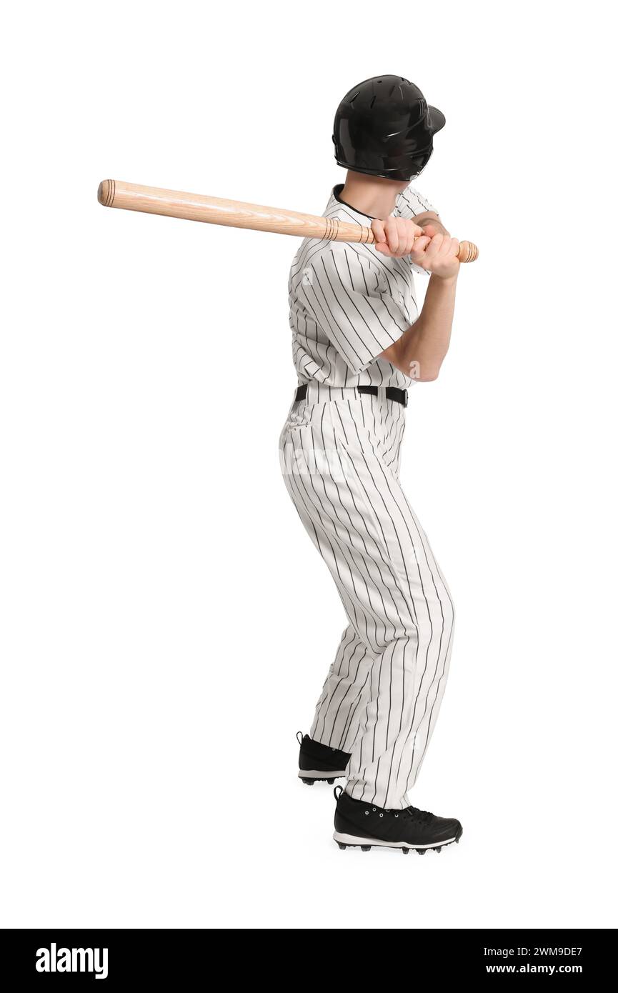 Baseball player taking swing with bat on white background, back view ...