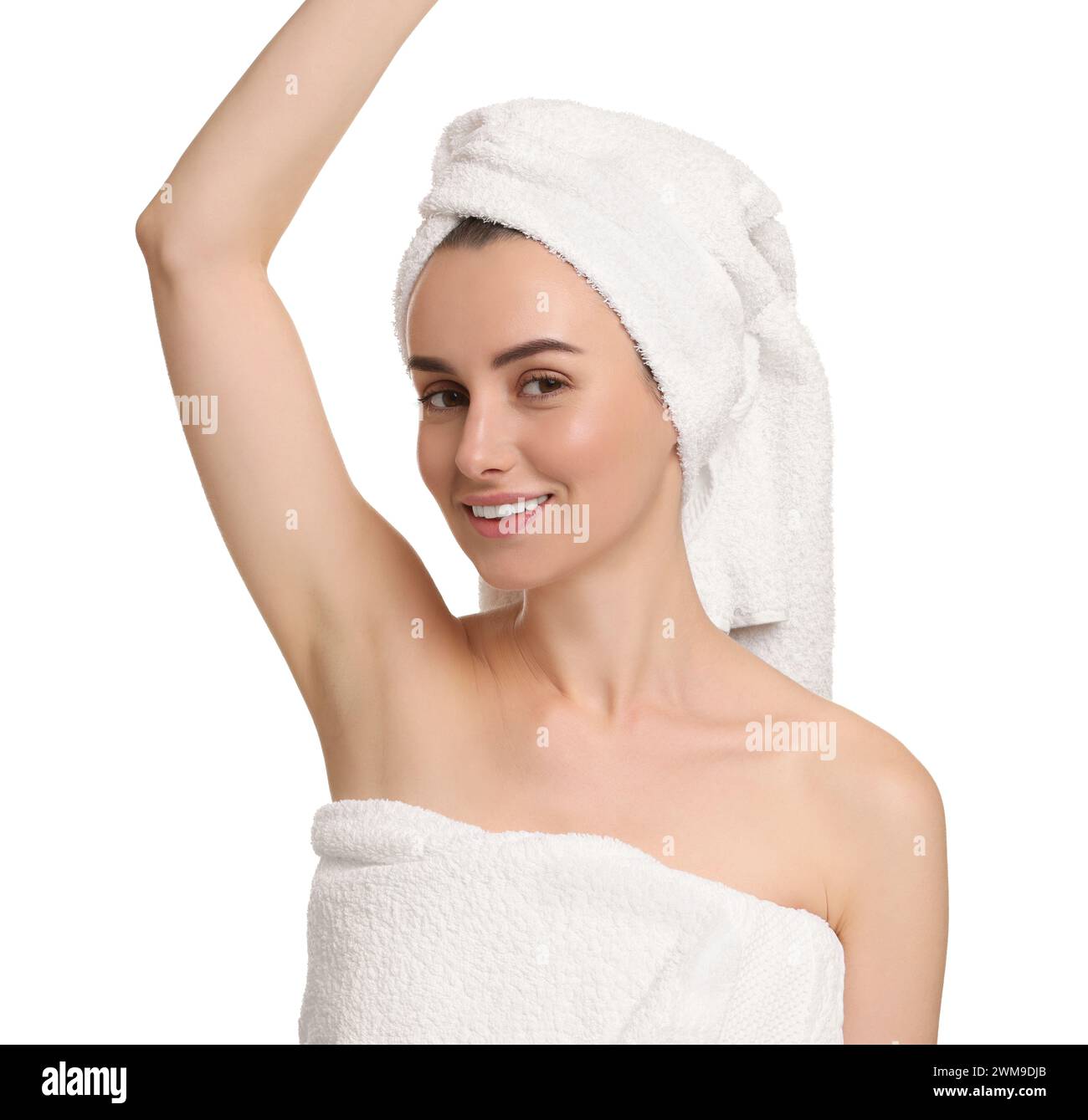 Beautiful woman showing armpit with smooth clean skin on white ...