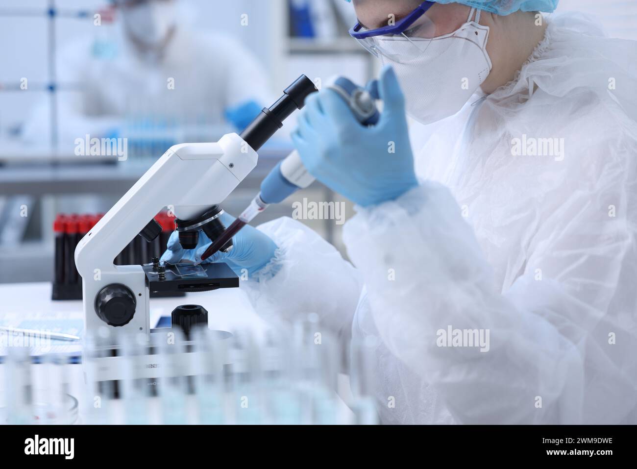 Scientist dripping sample onto glass slide while working with ...