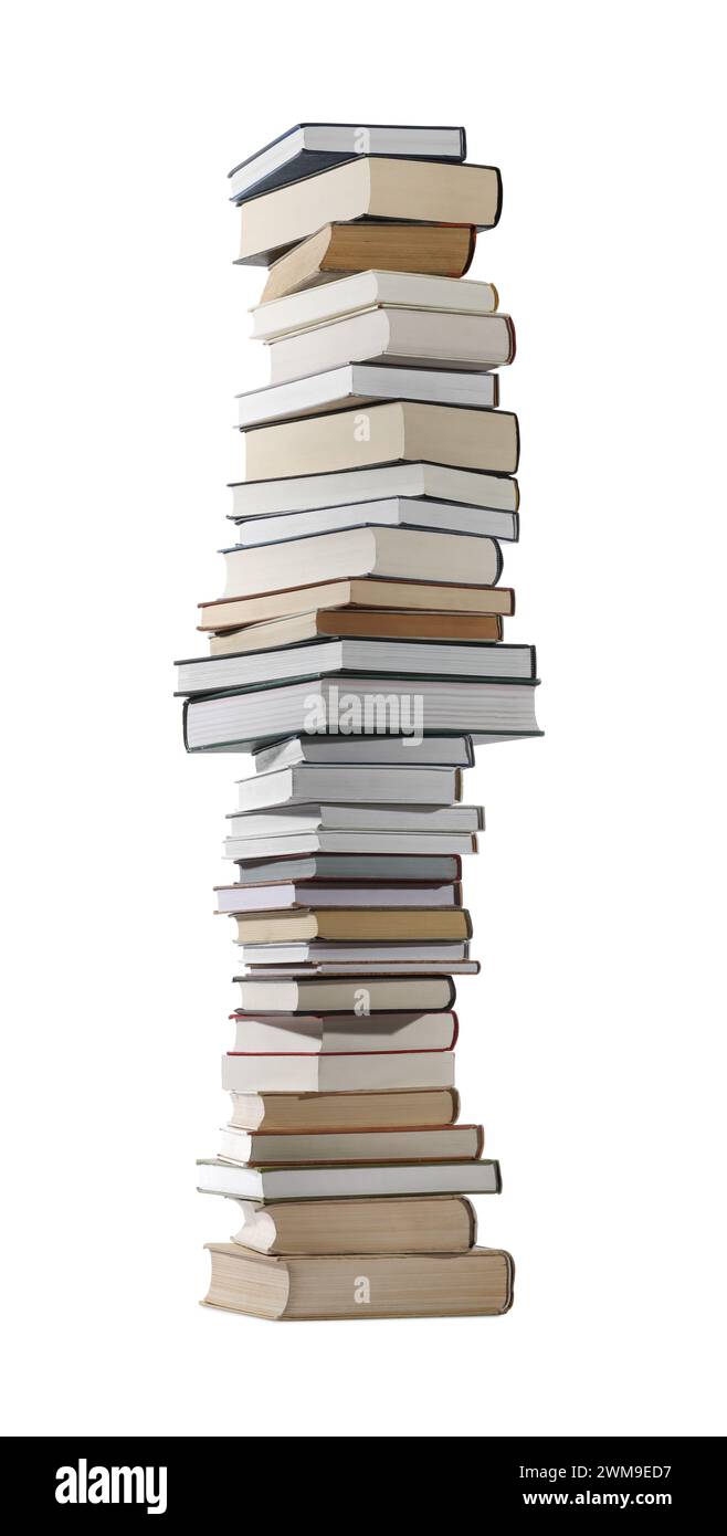 High stack of many different books isolated on white Stock Photo - Alamy