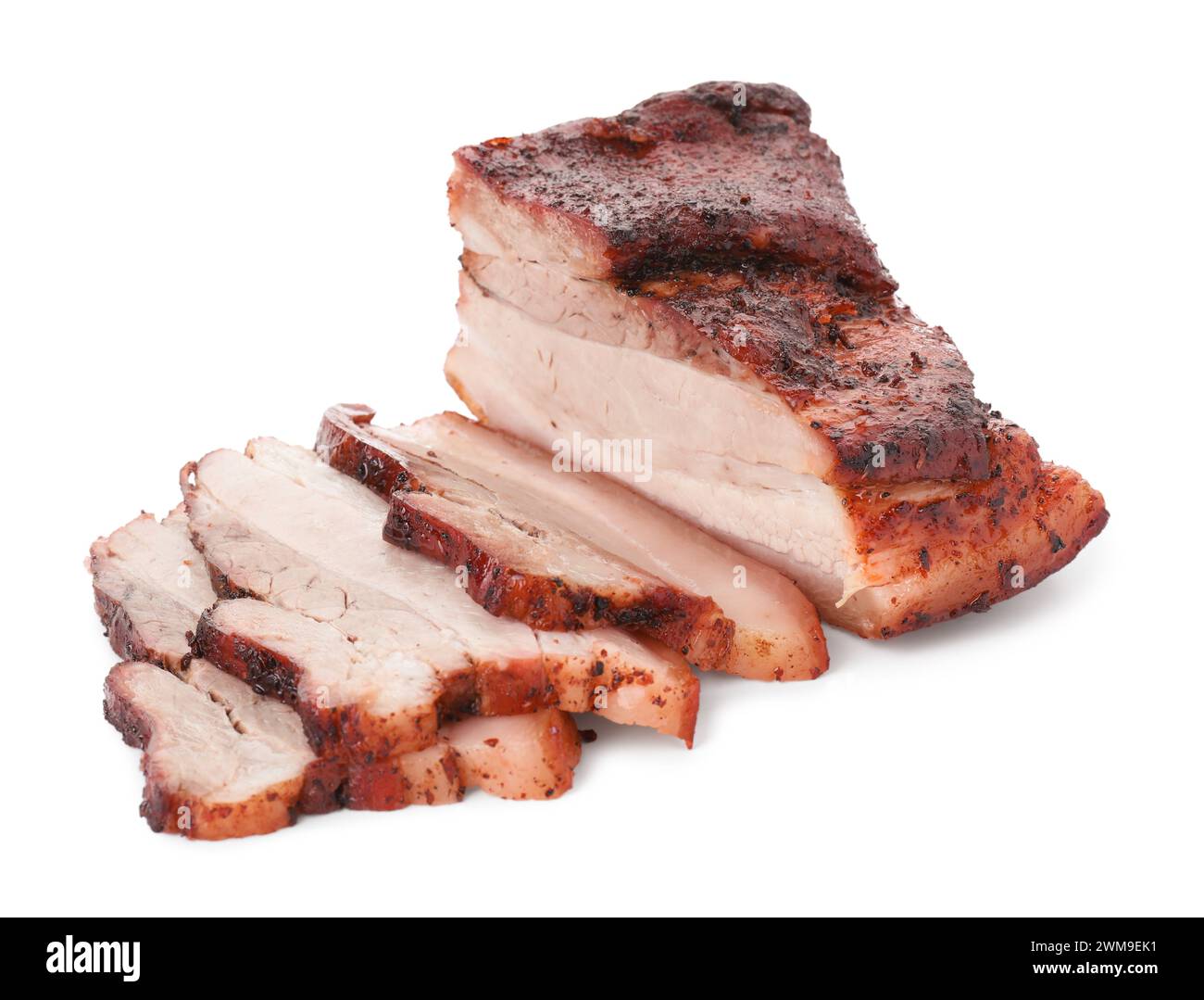 Pieces of tasty baked pork belly isolated on white Stock Photo - Alamy